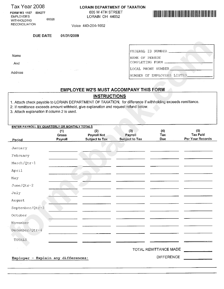 Form W3 - Employer'S Withholding Reconciliation - 2008 - Lorain ...