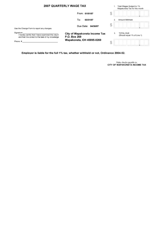 Quarterly Wage Tax Form - 2007 printable pdf download