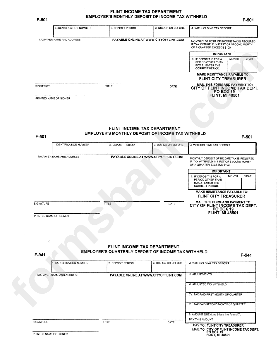 Form F-501 - Employer'S Monthly Deposit Of Income Tax Withheld ...