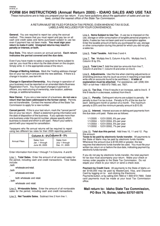 Form 854 Instructions (Annual Return 2005) - Idaho Sales And Use Tax ...