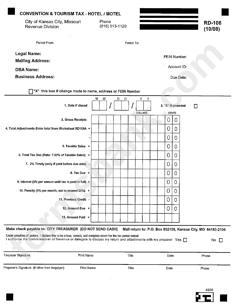 Fillable Form Rd-106 - Convention & Tourism Tax - Hotel/motel printable ...