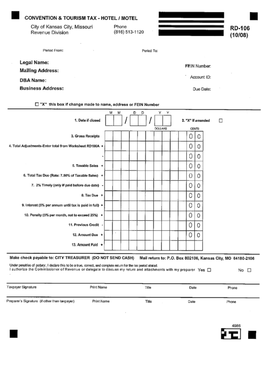 Fillable Form Rd-106 - Convention & Tourism Tax - Hotel/motel printable ...