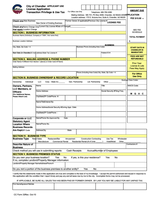 Cc Form 33 License Application For Transaction Privilege Use Tax