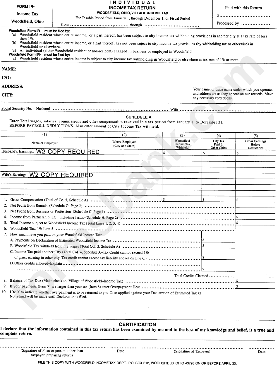 Form Ir - Individual Income Tax Return - Woodsfield printable pdf download