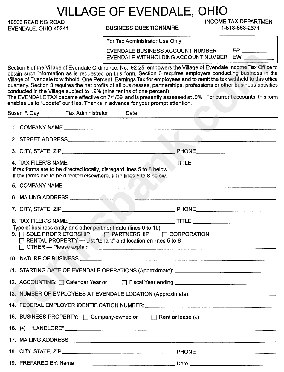 Business Questionnaire Form - Village Of Evendale printable pdf download