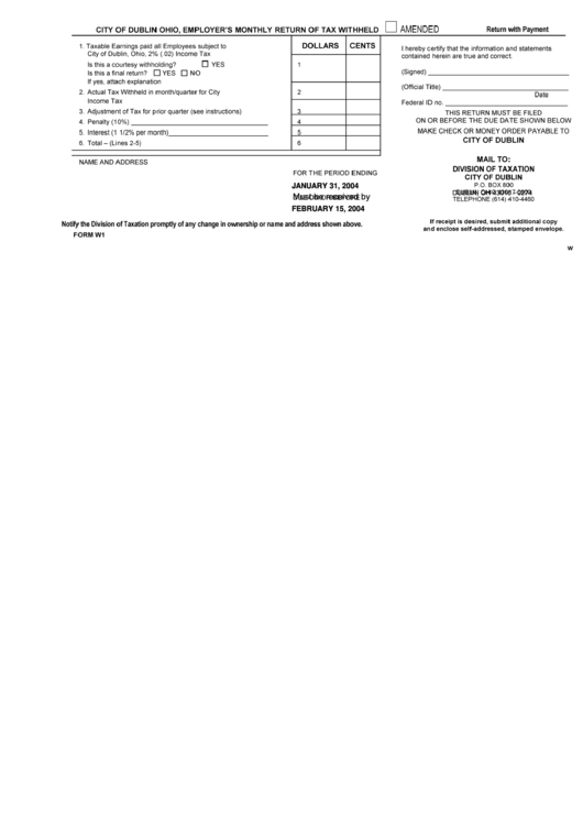 Fillable Form W1 - Employer'S Montly Return Of Tax Withheld - City Of ...