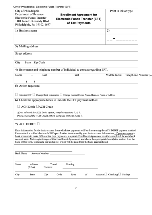 Enrollment Agreement For Eft Of Tax Payments Form printable pdf download