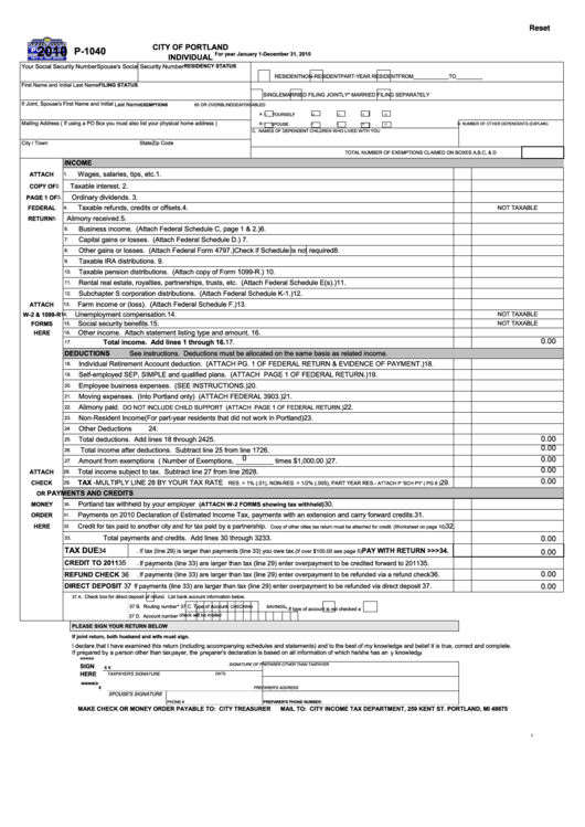 Fillable Form P-1040 - City Of Portland Individual Return - 2010 ...