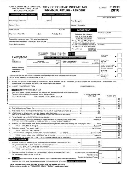 Fillable Form P1040 (R) - Incomee Tax Individual Return-Resident - 2010 ...