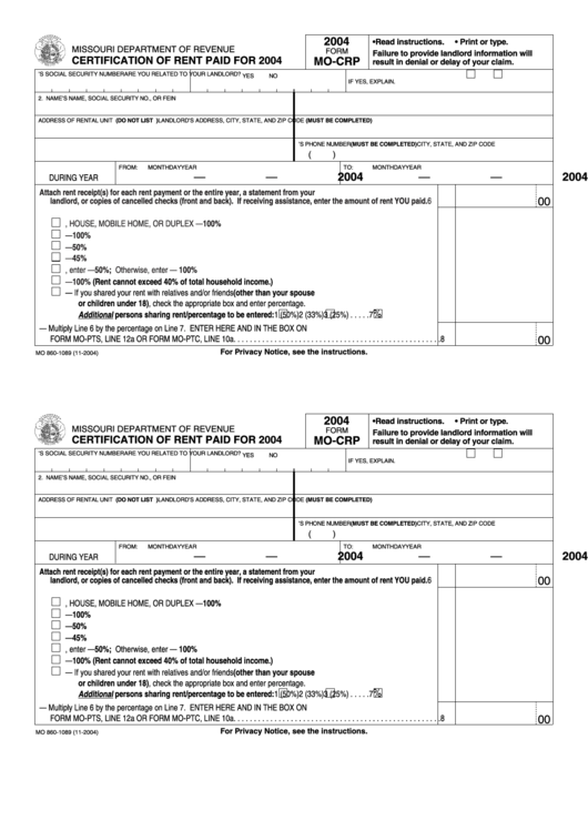 Form Mo-Crp - Certification Of Rent Paid For 2004 printable pdf download