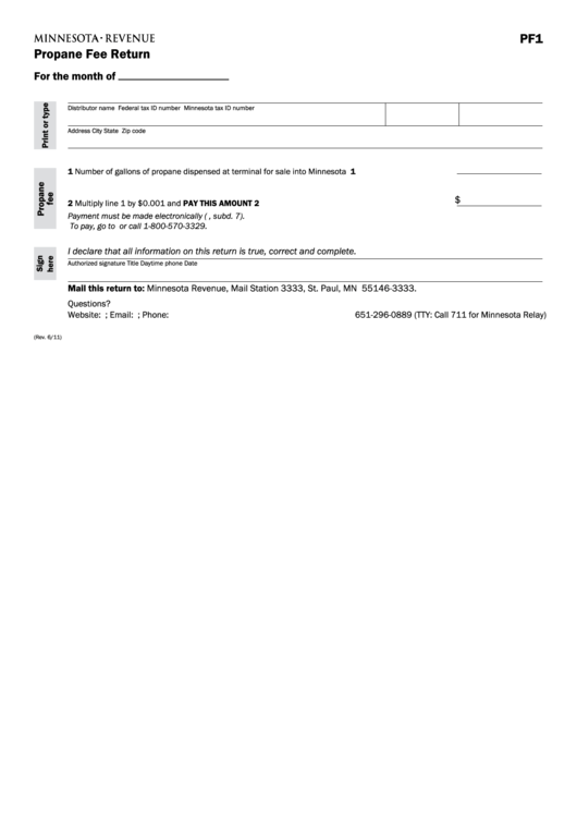 Fillable Form Pf1 - Propane Fee Return printable pdf download
