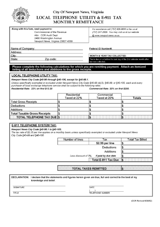Local Telephone Utility& E-911 Tax Monthly Remittance - 2002 printable ...