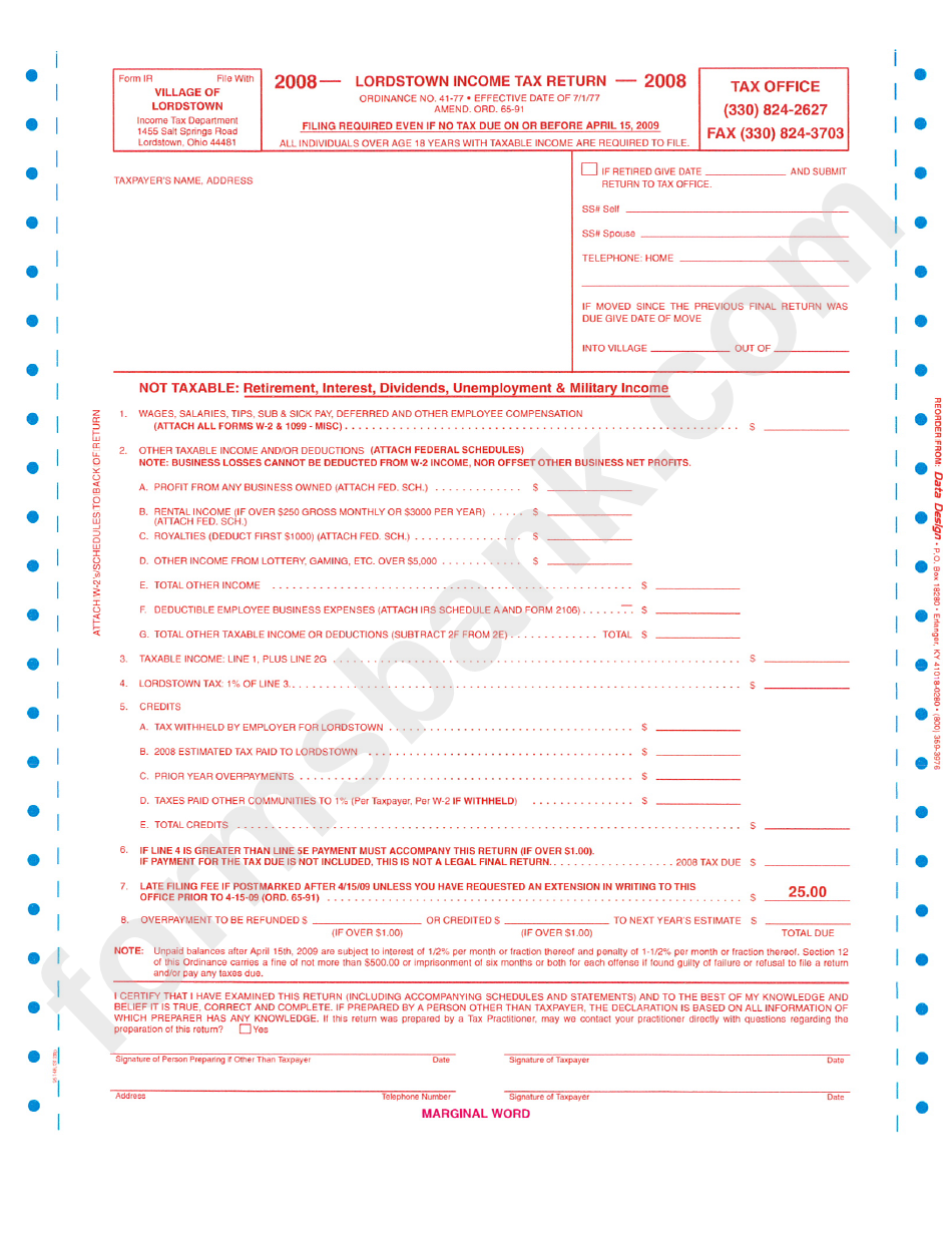 Form Ir - Lordstown Income Tax Return - 2008 printable pdf download