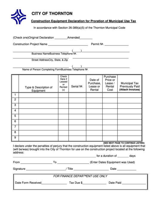 Construction Equipment Declaration For Proration Of Municipal Use Tax ...