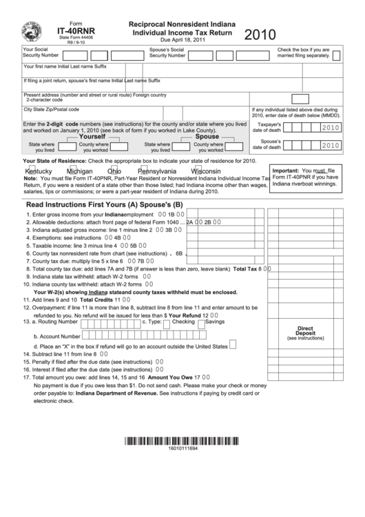 Fillable Form It-40rnr - Reciprocal Nonresident Indiana Individual ...