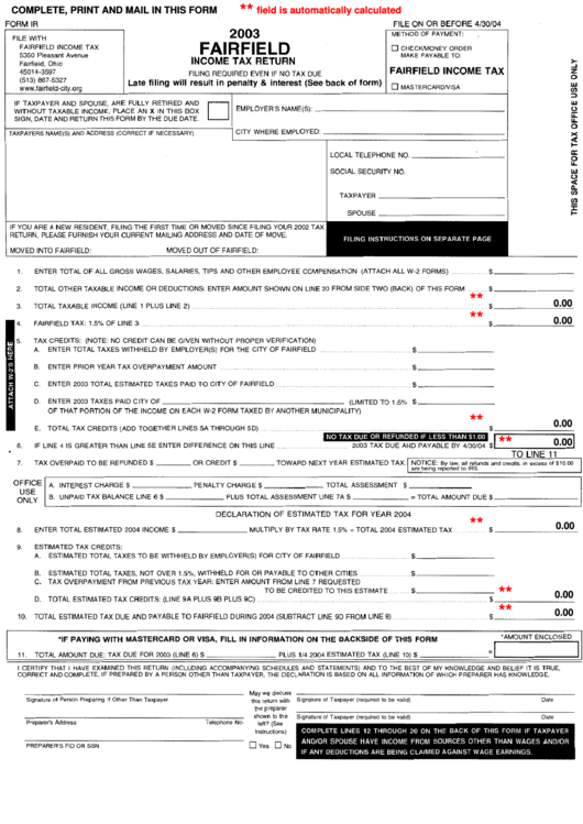 Fillable Form Ir - Income Tax Return - Fairfield 2003 printable pdf ...