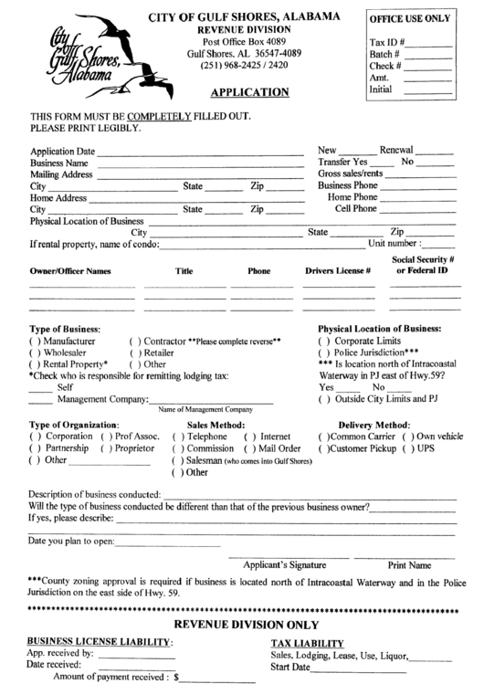 Application Form - Revenue Division - City Of Gulf Shores printable pdf ...
