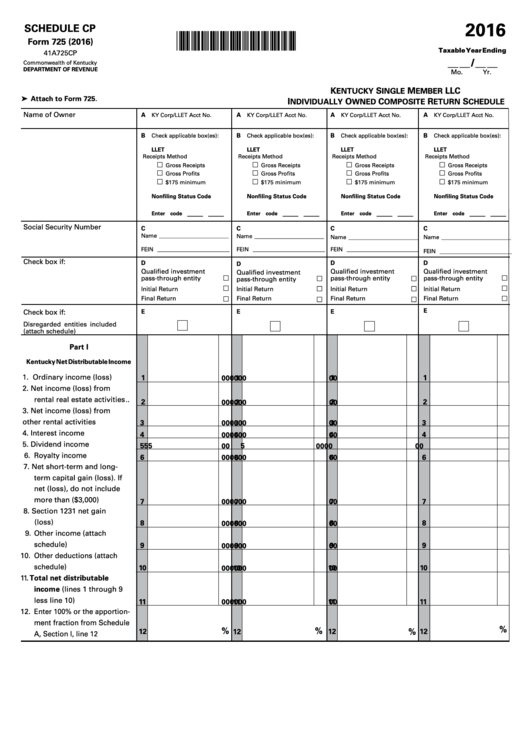 Fillable Form 725 - Schedule Cp - Kentucky Single Member Llc ...