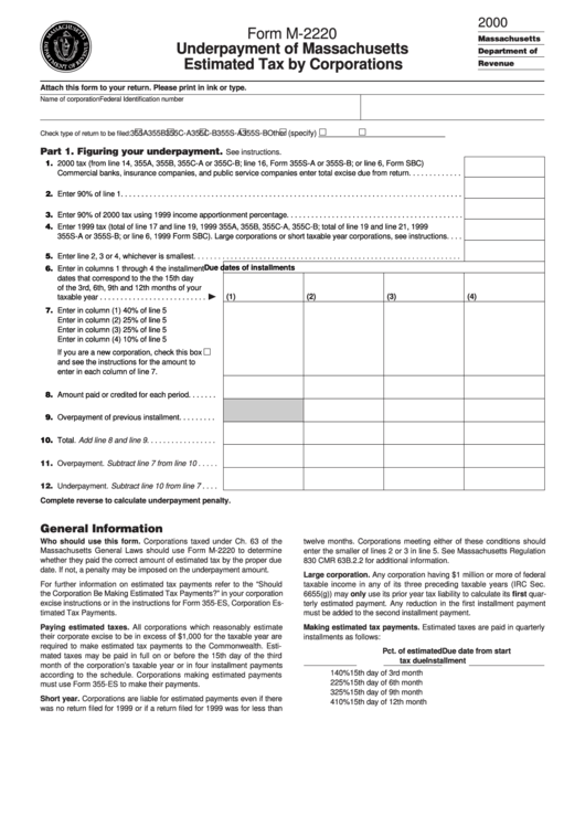 Fillable Form M-2220 - Underpayment Of Massachusetts Estimated Tax By ...