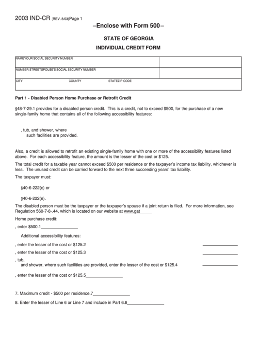 Form Ind-Cr - Individual Credit Form, Enclose With Form 500 - 2003 ...
