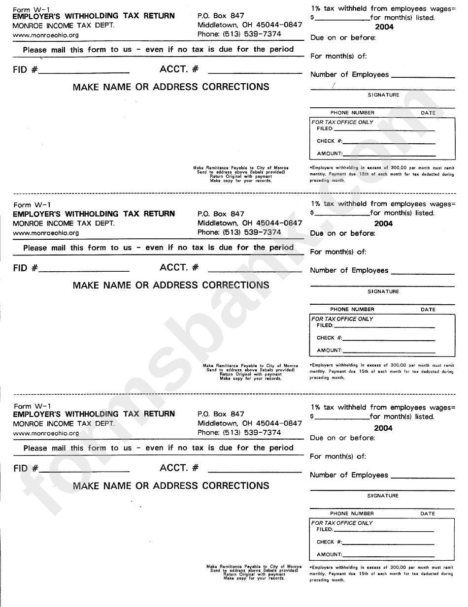 Form W-1 - Employeer'S Withhilding Tax Return printable pdf download