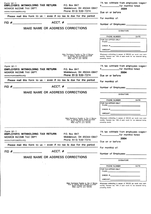Form W-1 - Employeer'S Withhilding Tax Return printable pdf download