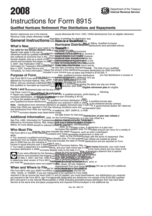 Instructions For Form 8915 2008 Printable Pdf Download