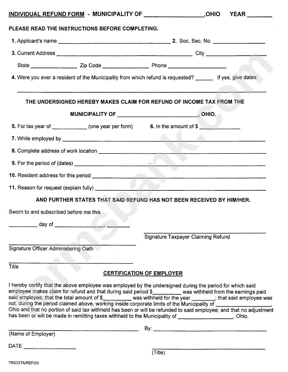 Individual Refund Form - Ohio printable pdf download