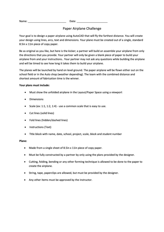 Paper Airplane Challenge Instruction Printable Pdf Download