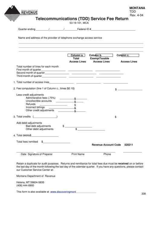 Fillable Montana Form Tdd - Telecommunications Service Fee Return ...