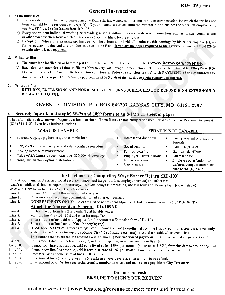 Instructions For Form Rd-109 - Wage Earner Return - 2008 printable pdf ...