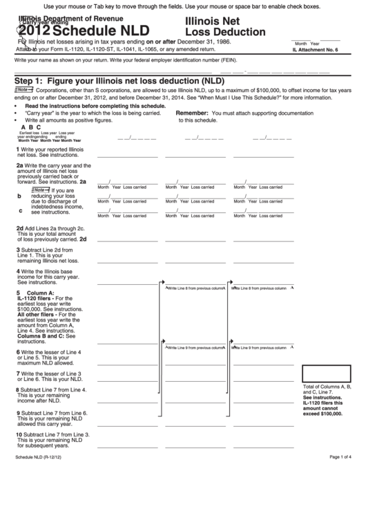 Fillable Schedule Nld - Illinois Net Loss Deduction - 2012 printable ...