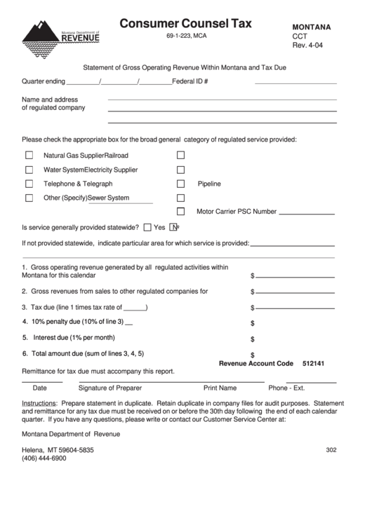 Fillable Montana Form Cct - Consumer Counsel Tax printable pdf download