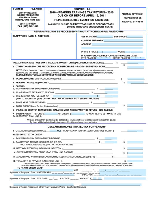 Form Ir - Reading Earnings Tax Return - 2010 printable pdf download