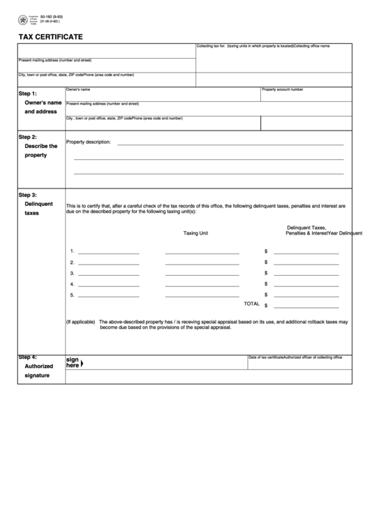 Form 50-182 - Tax Certificate - 1993 printable pdf download