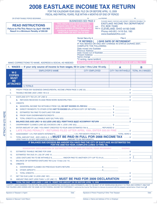 2008 Eastlake Income Tax Return Form - Cleveland - Ohio printable pdf ...