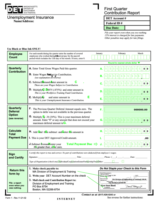 Fillable Form 1 - First Quater Contribution Report printable pdf download