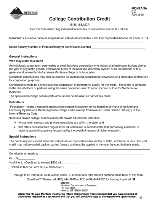 College Contribution Credit - Montana Cc Form printable pdf download