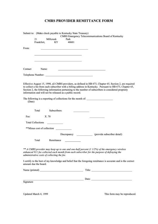 Cmrs Provider Remittance Form - Cmrs Emergency Telecommunications Board ...