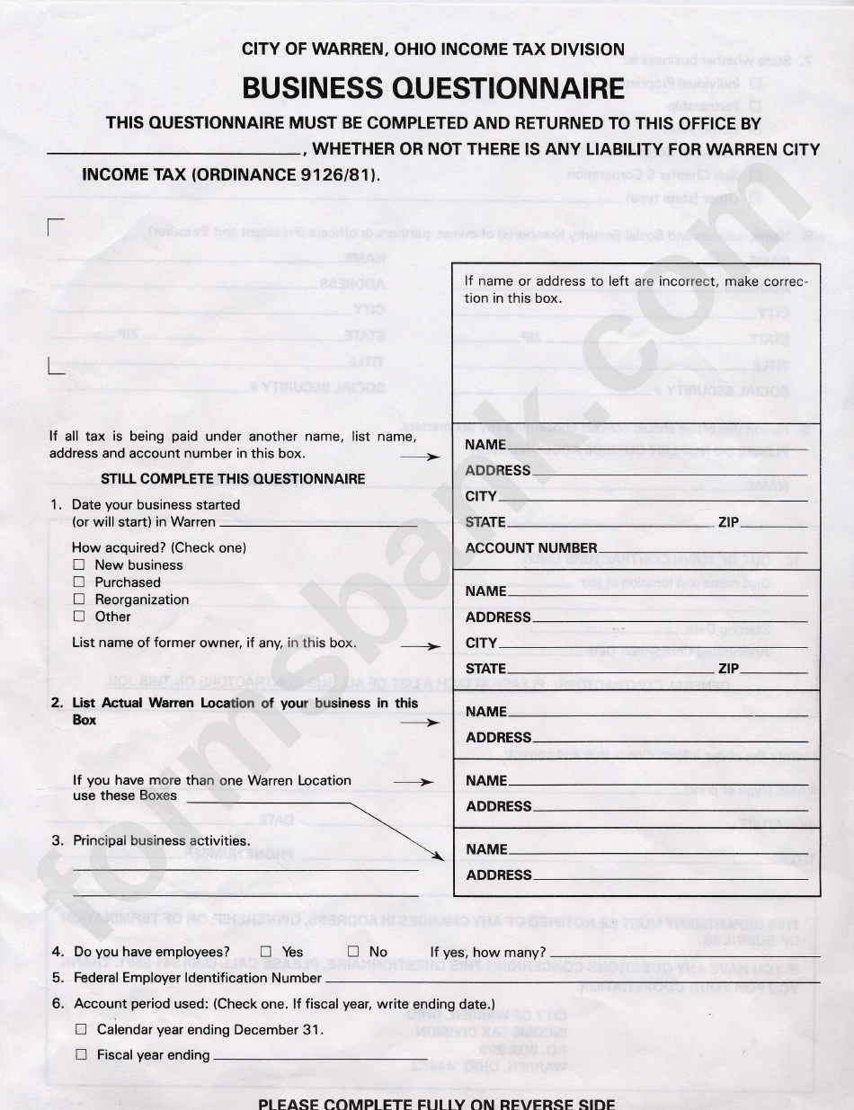 Business Questionnaire Form - City Of Warren printable pdf download