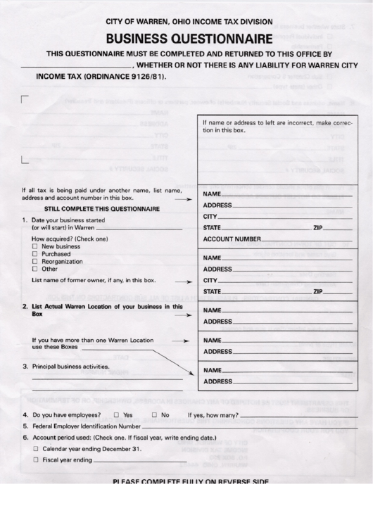 Business Questionnaire Form - City Of Warren printable pdf download
