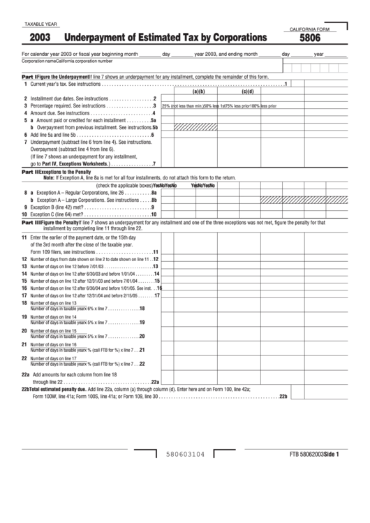 California Form 5806 - Underpayment Of Estimated Tax By Corporations ...