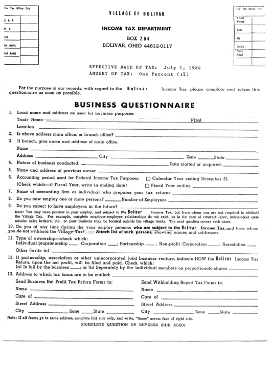 Business Questionnaire - Village Of Bolivar printable pdf download