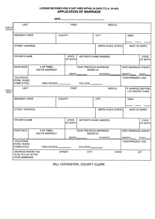 Application Of Marriage Form printable pdf download