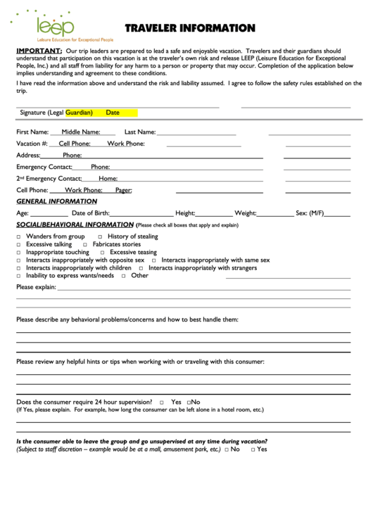 Fillable Traveler Information printable pdf download