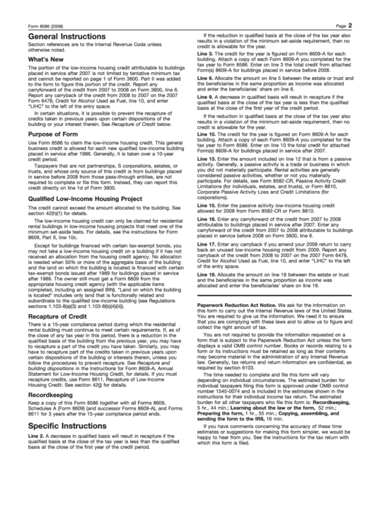 Instructions For Form 8586 - Low-Income Housing Credit - 2008 printable ...