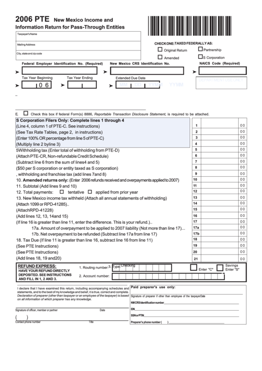 Form Pte - New Mexico Income And Information Return For Pass-Through ...