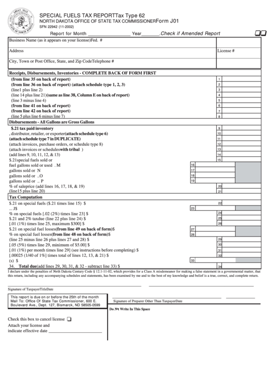 Fillable Form J01 - Special Fuels Tax Report printable pdf download