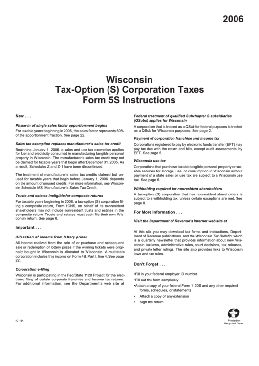 Wisconsin Tax-Option (S) Corporation Taxes Form 5s Instructions - 2006 ...