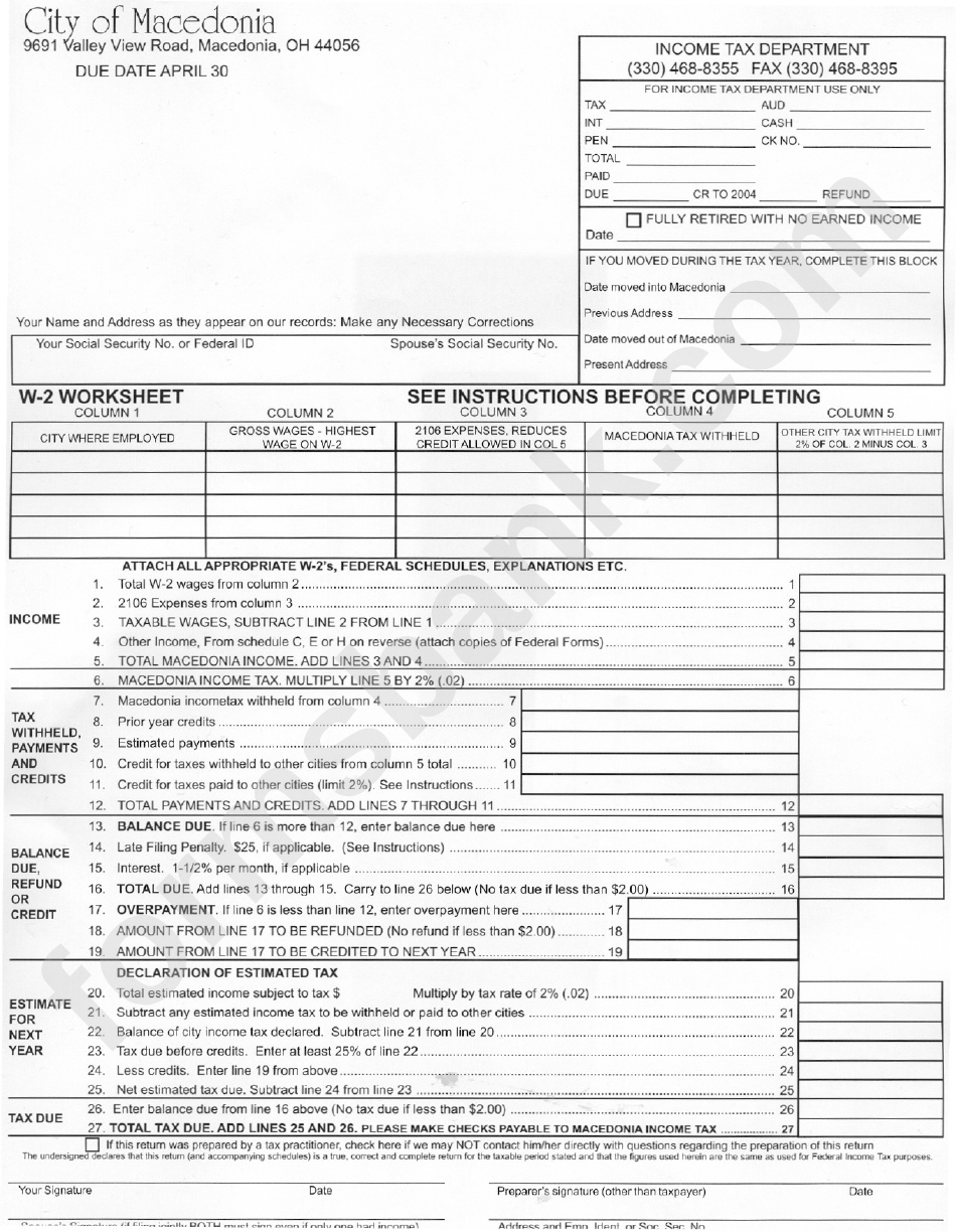 Form W-2 Worksheet - City Of Macedonia printable pdf download